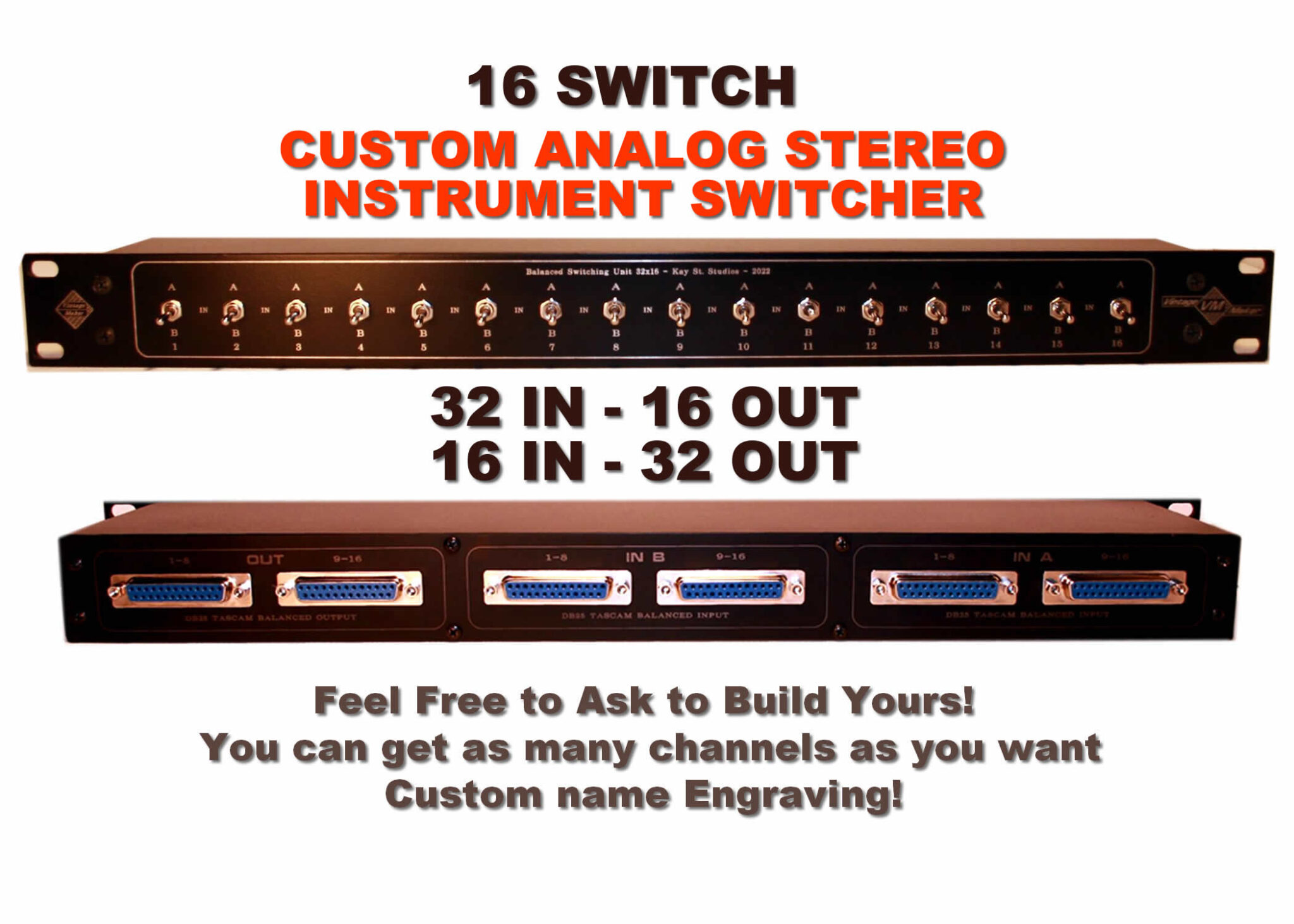 32x16 Studio Line Level Instrument Switch Signal Selector Patchbay DSUB ...